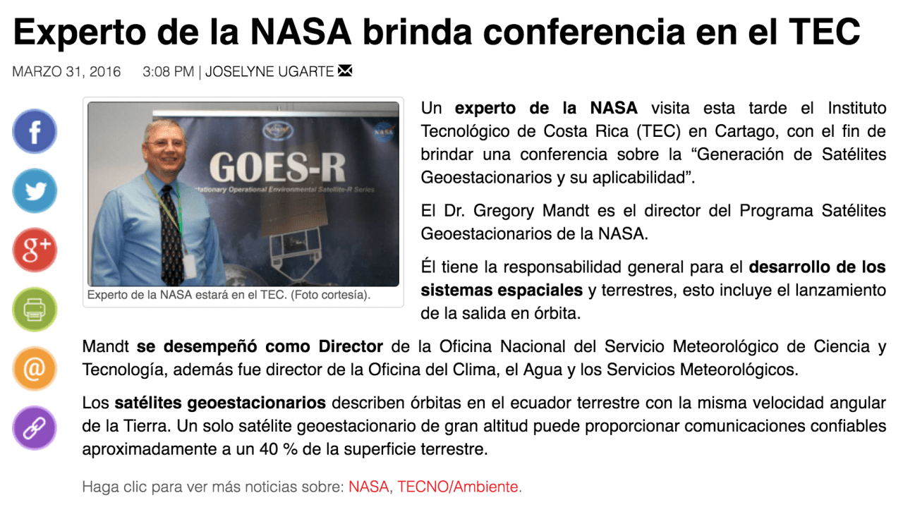 TEC en los medios: Experto de la NASA, satélite tico y carreras del TEC ...